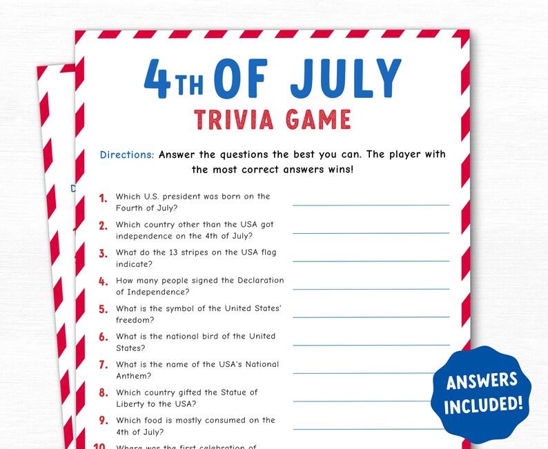 Fourth of July Trivia Game, 4th of July Printable Game, Printable ...