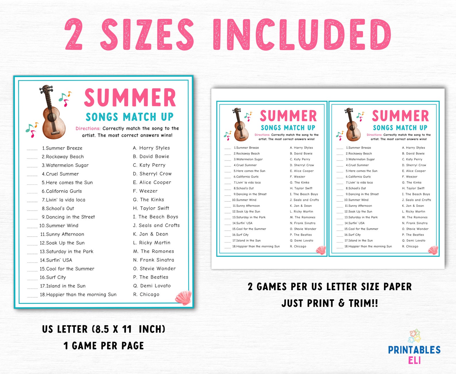 Summer Songs Match up Printable Game, Family Summer Game Printable ...