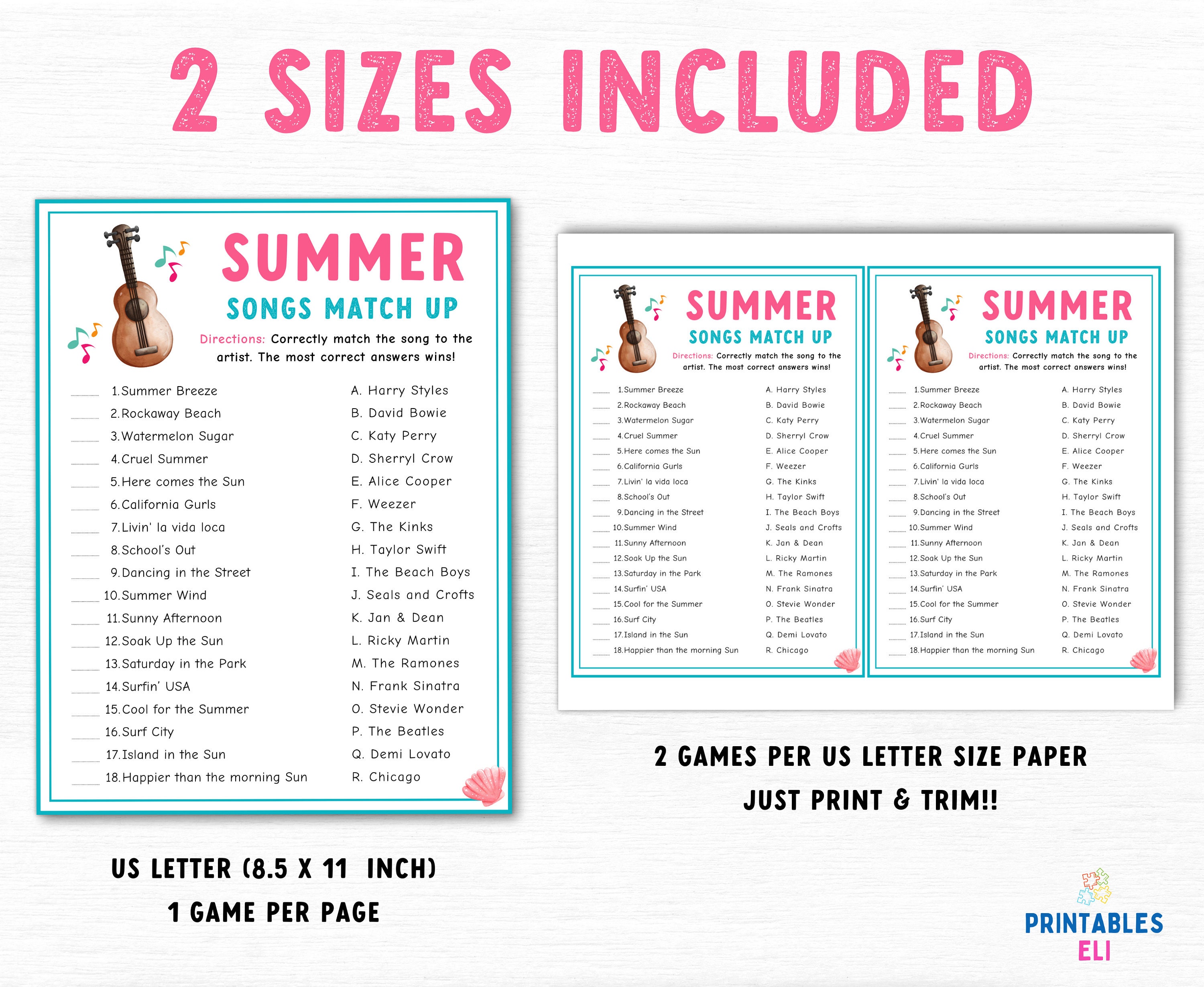 Summer Songs Match up Printable Game, Family Summer Game Printable ...