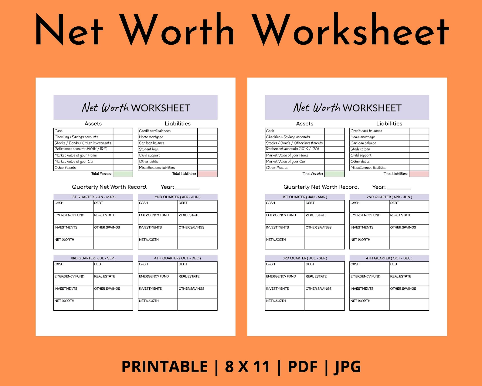 Net Worth Worksheet Net Worth tracker Annual Net Worth | Etsy