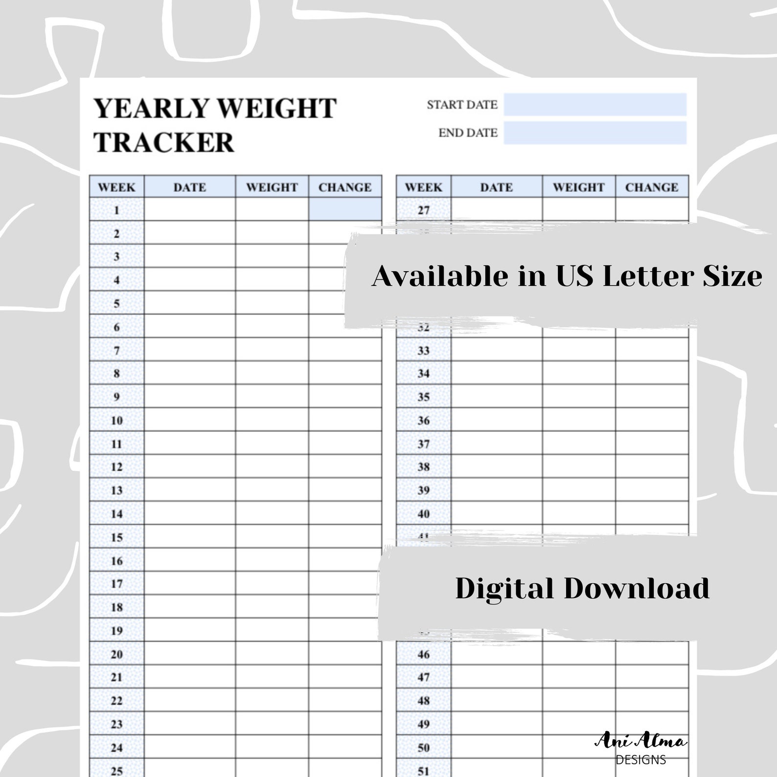 Yearly Weight Tracker: Printable Fillable US Letter (digital Download ...