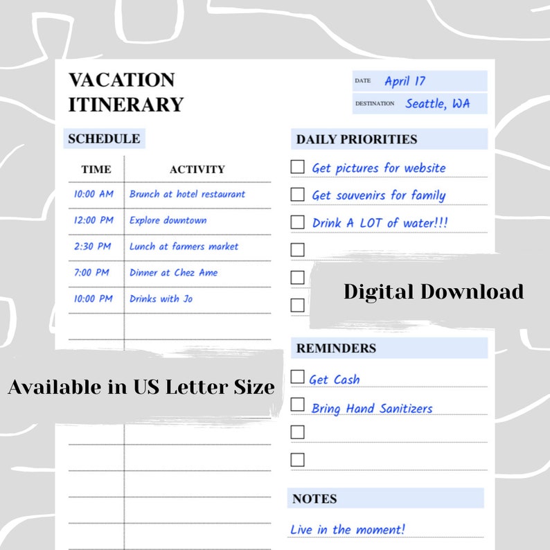 Vacation Itinerary Planner: Printable Travel Schedule (digital Download ...
