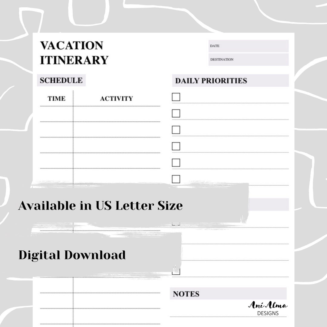 Vacation Itinerary Planner: Printable Travel Schedule (digital Download ...