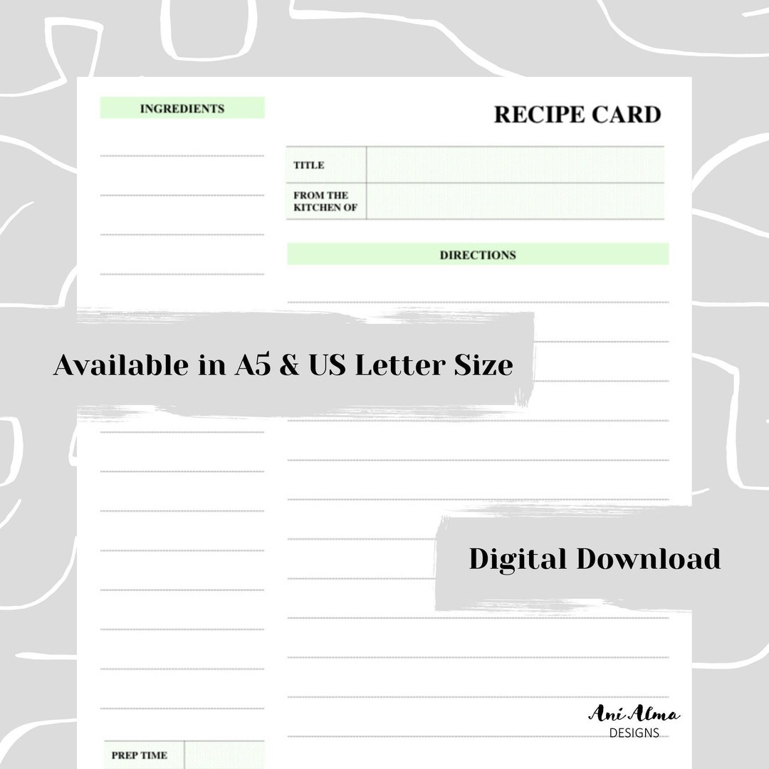 Recipe Card – Printable, A5, US Letter Size, Instant Download - Etsy