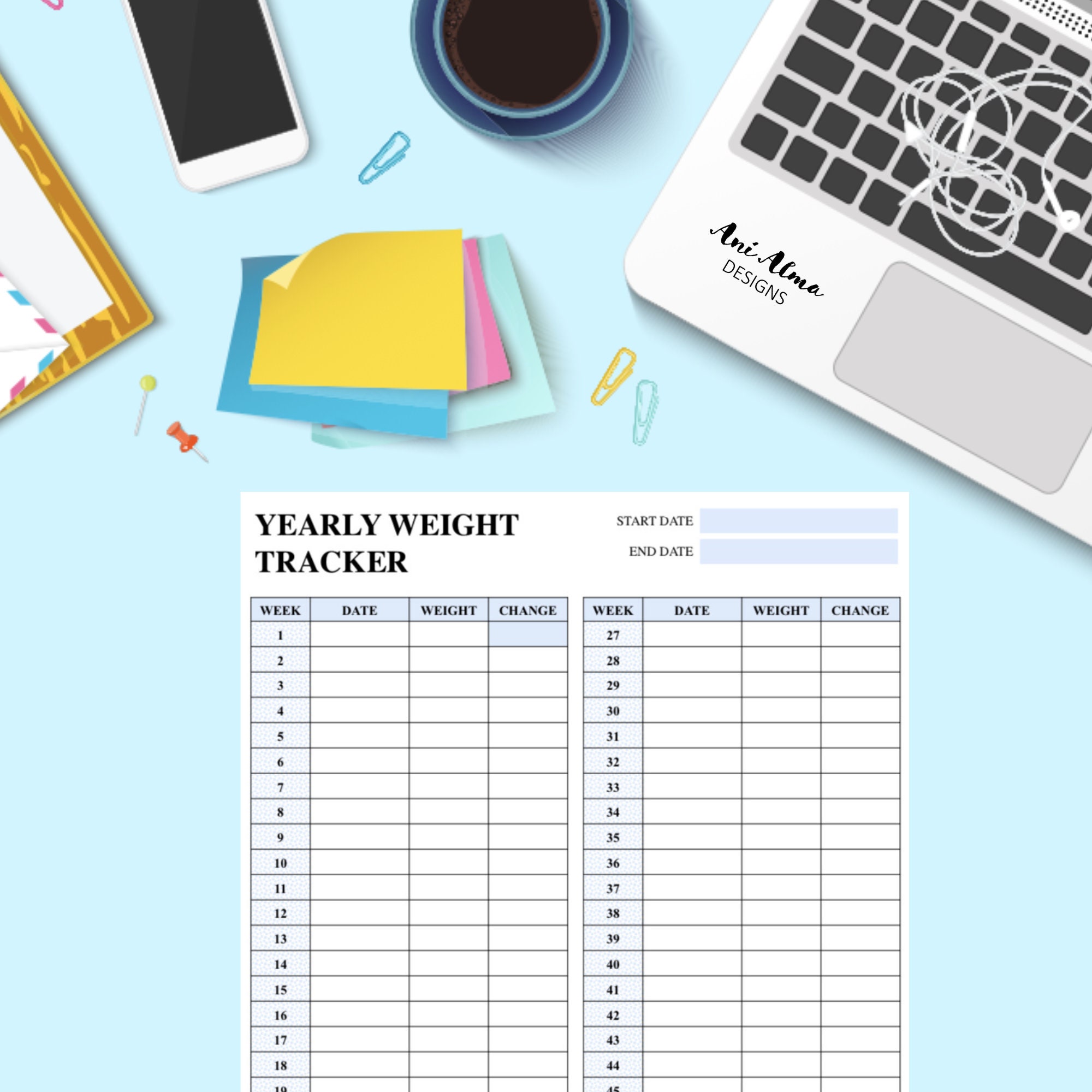 Yearly Weight Tracker: Printable Fillable US Letter (digital Download ...