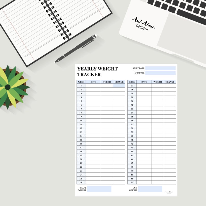 Yearly Weight Tracker: Printable Fillable US Letter (digital Download ...
