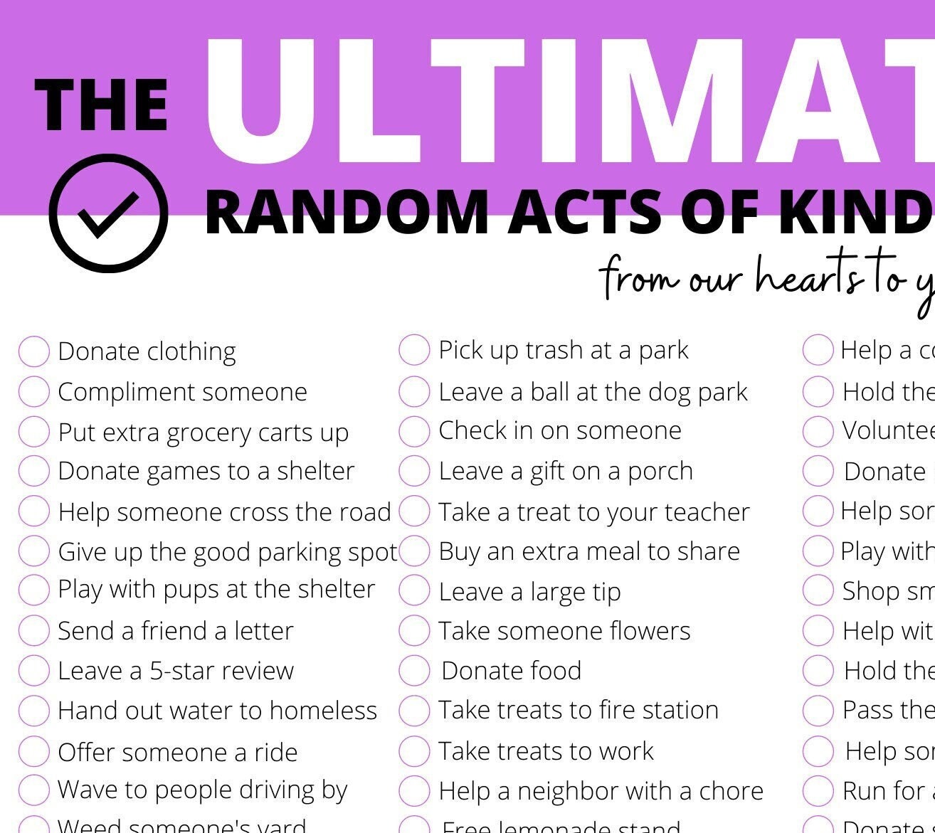 The ULTIMATE Random Acts of Kindness Checklist | 60+ Activities for All ...