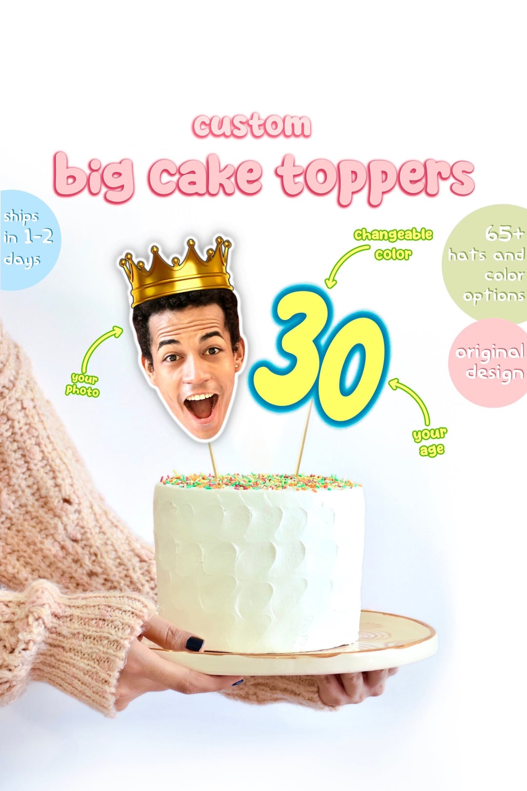 Face Cake Topper / Happy Birthday Cake Topper / 18th, 21st, 30th, 40th ...