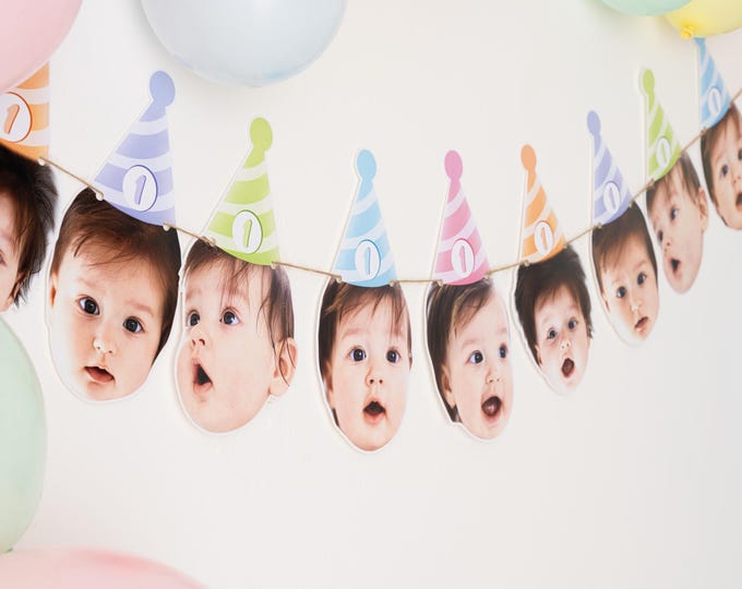 Personalised Face, Happy Head Garland/bunting With Pom Pom Party Hats ...