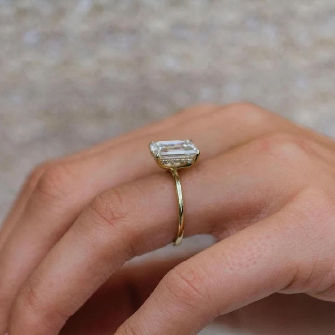 Emerald Cut Moissanite Engagement Ring Yellow Gold Engagement Etsy