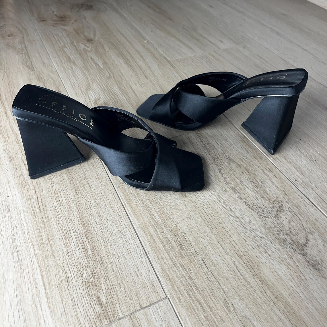Vintage Black Flare Satin Heels, Block Heel Sandals, Mid Heeled Sandals ...