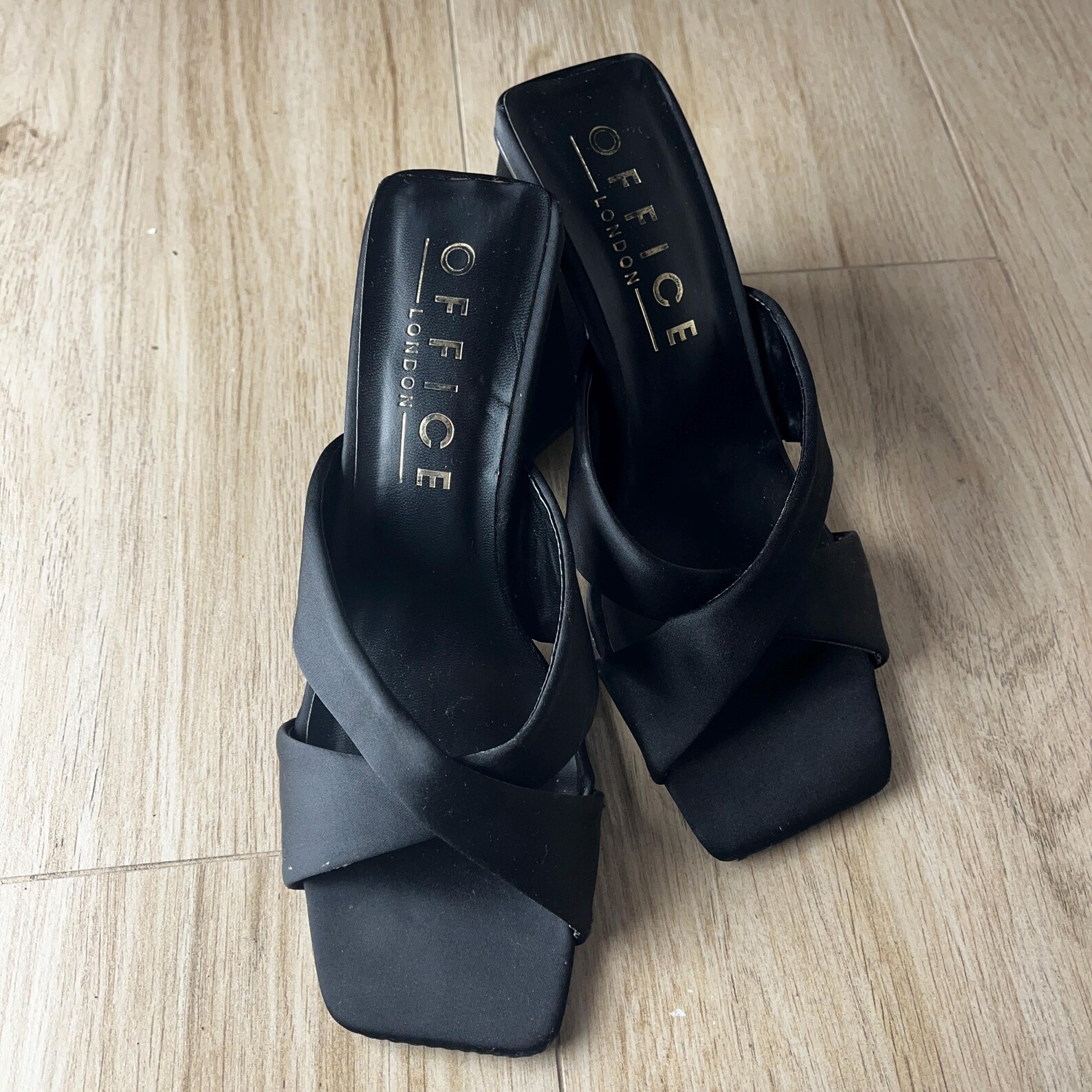 Vintage Black Flare Satin Heels, Block Heel Sandals, Mid Heeled Sandals ...