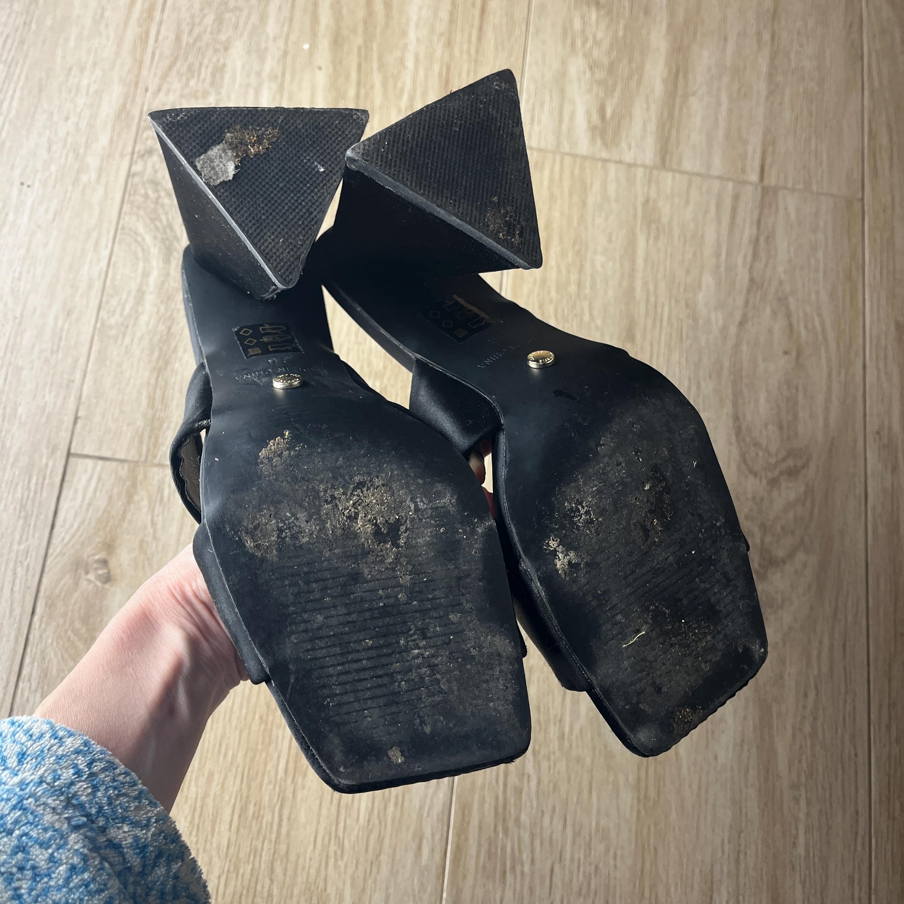 Vintage Black Flare Satin Heels, Block Heel Sandals, Mid Heeled Sandals ...