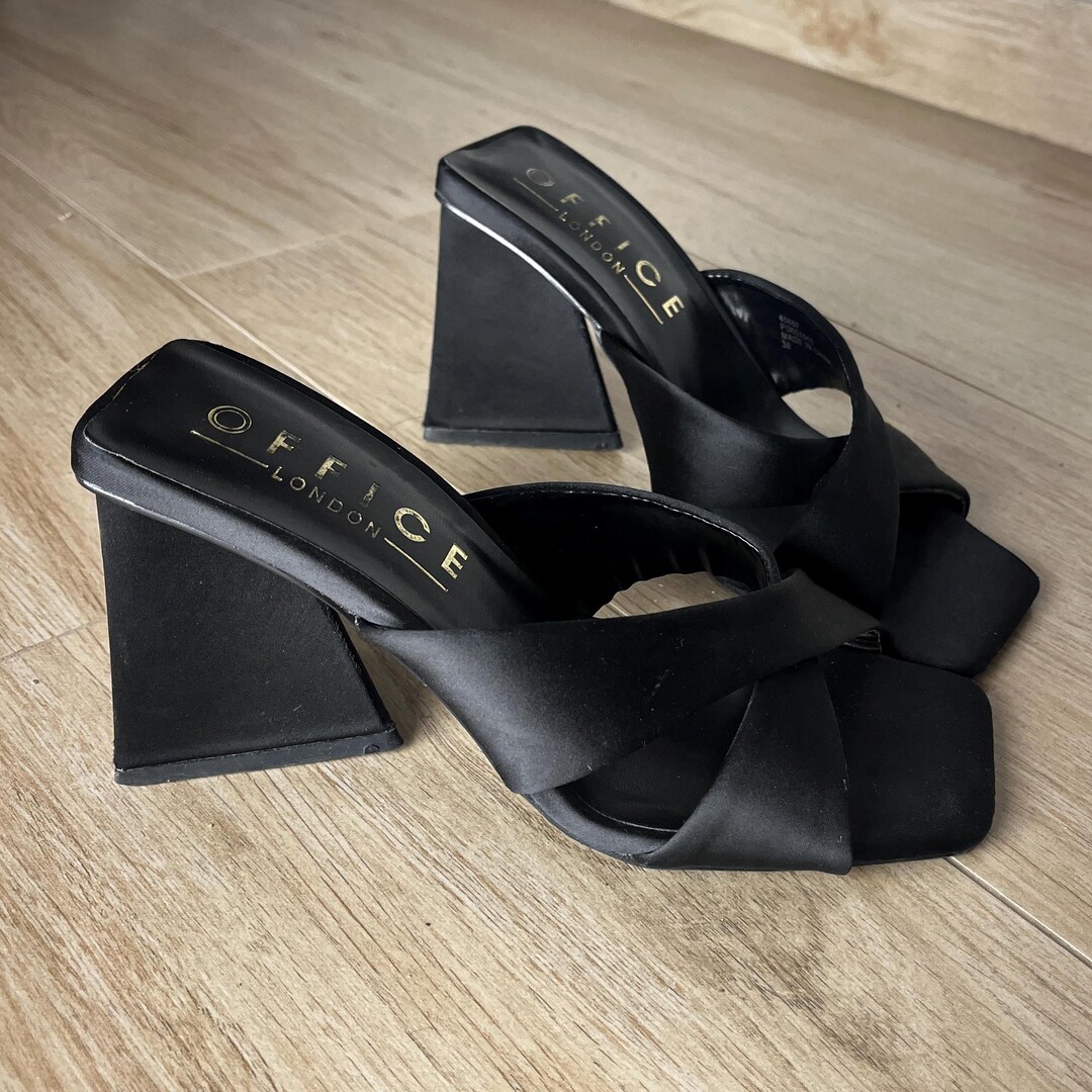 Vintage Black Flare Satin Heels, Block Heel Sandals, Mid Heeled Sandals ...