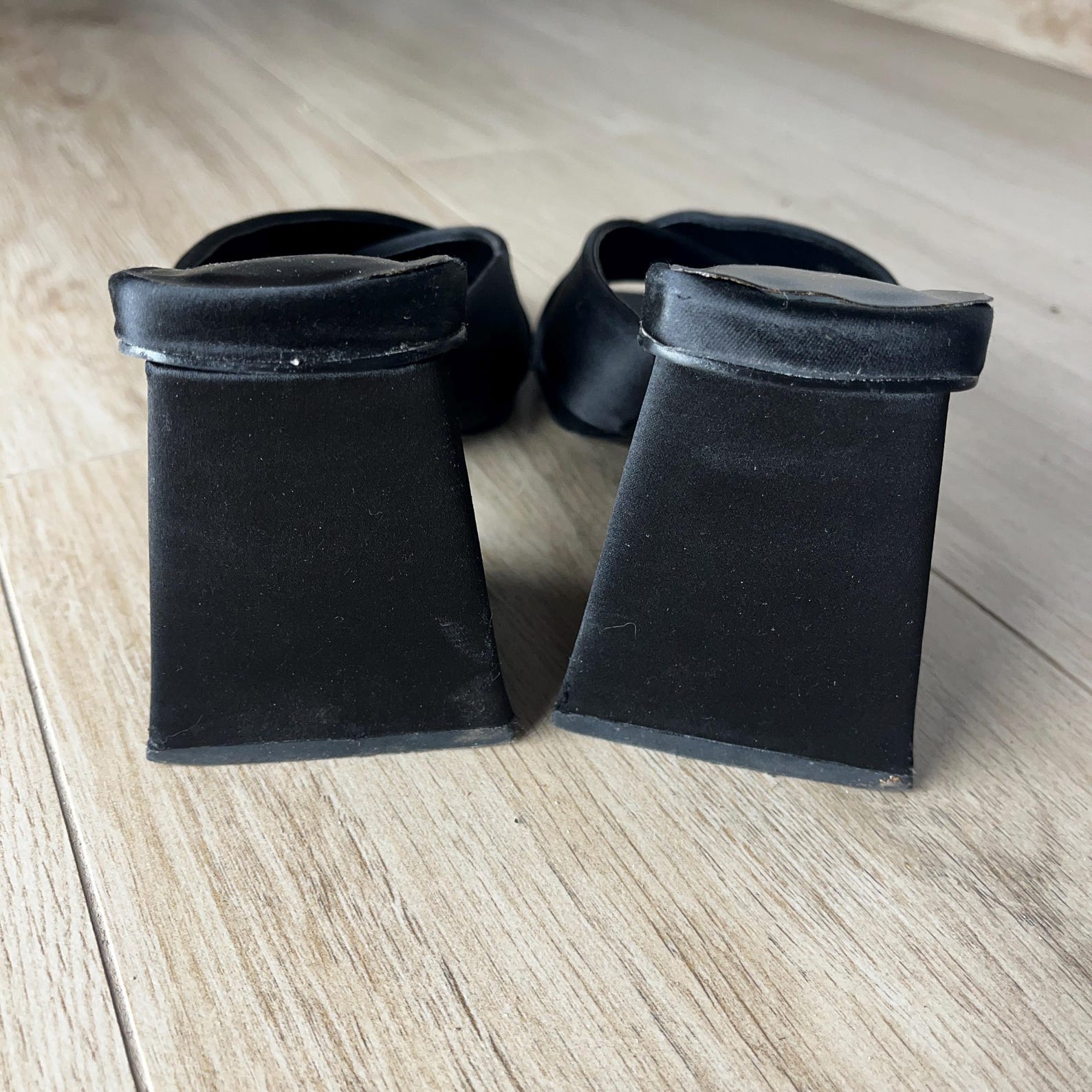 Vintage Black Flare Satin Heels, Block Heel Sandals, Mid Heeled Sandals ...
