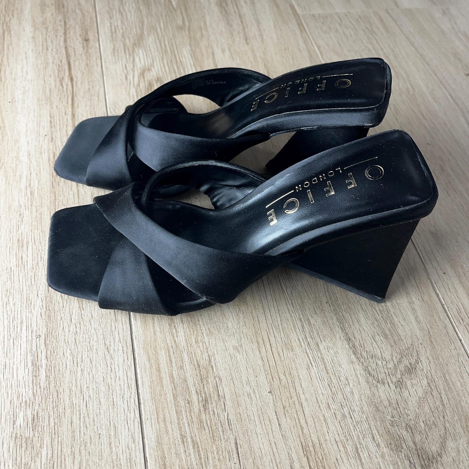 Vintage Black Flare Satin Heels, Block Heel Sandals, Mid Heeled Sandals ...