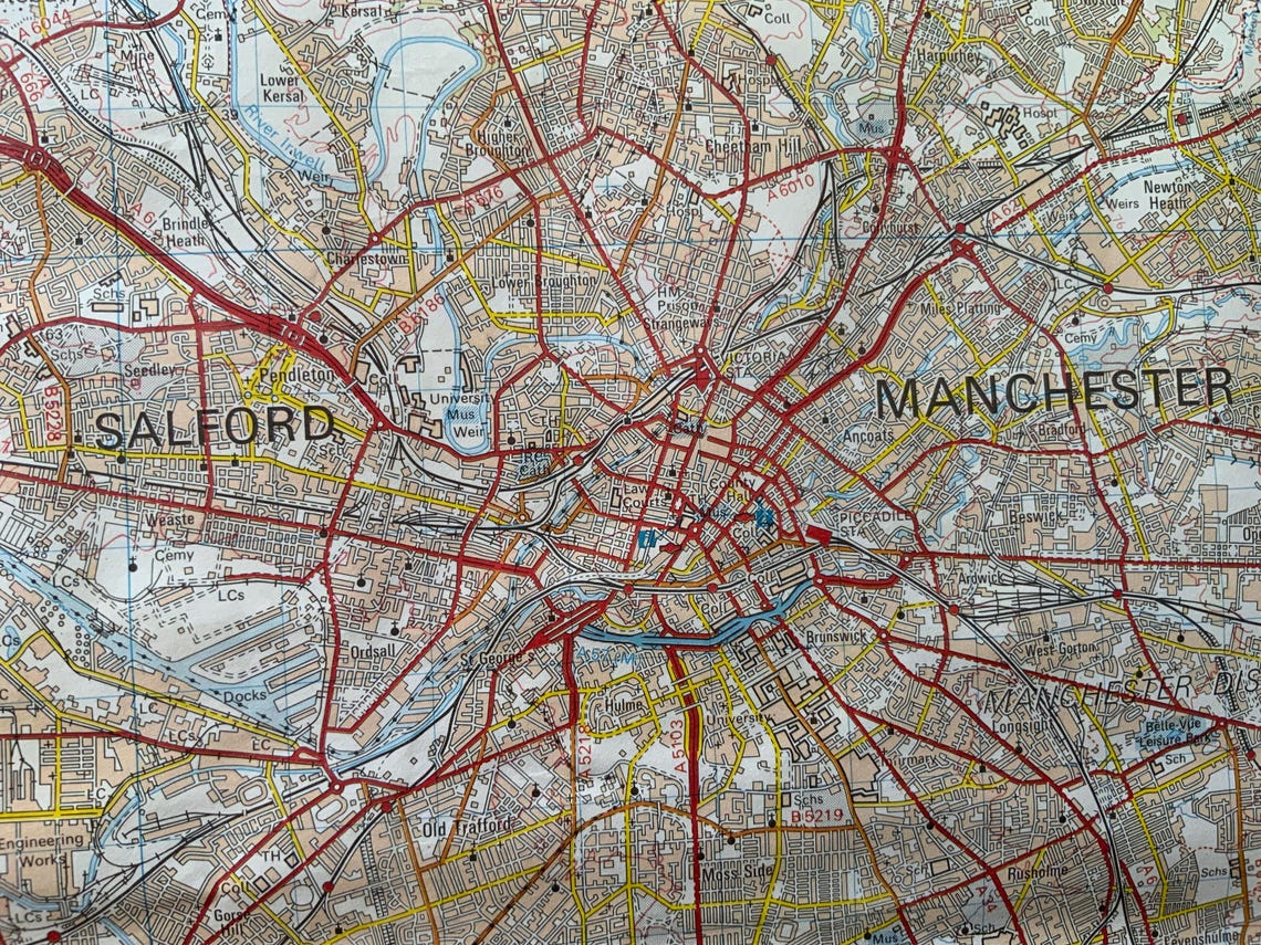 Manchester UK Wall Map, Ordnance Survey Teaching Map, Vintage ...