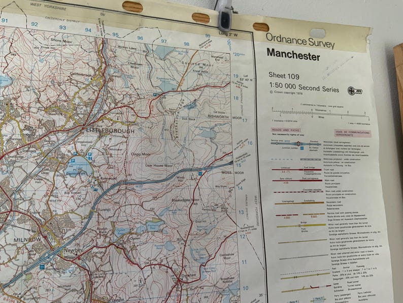 Manchester UK Wall Map, Ordnance Survey Teaching Map, Vintage ...