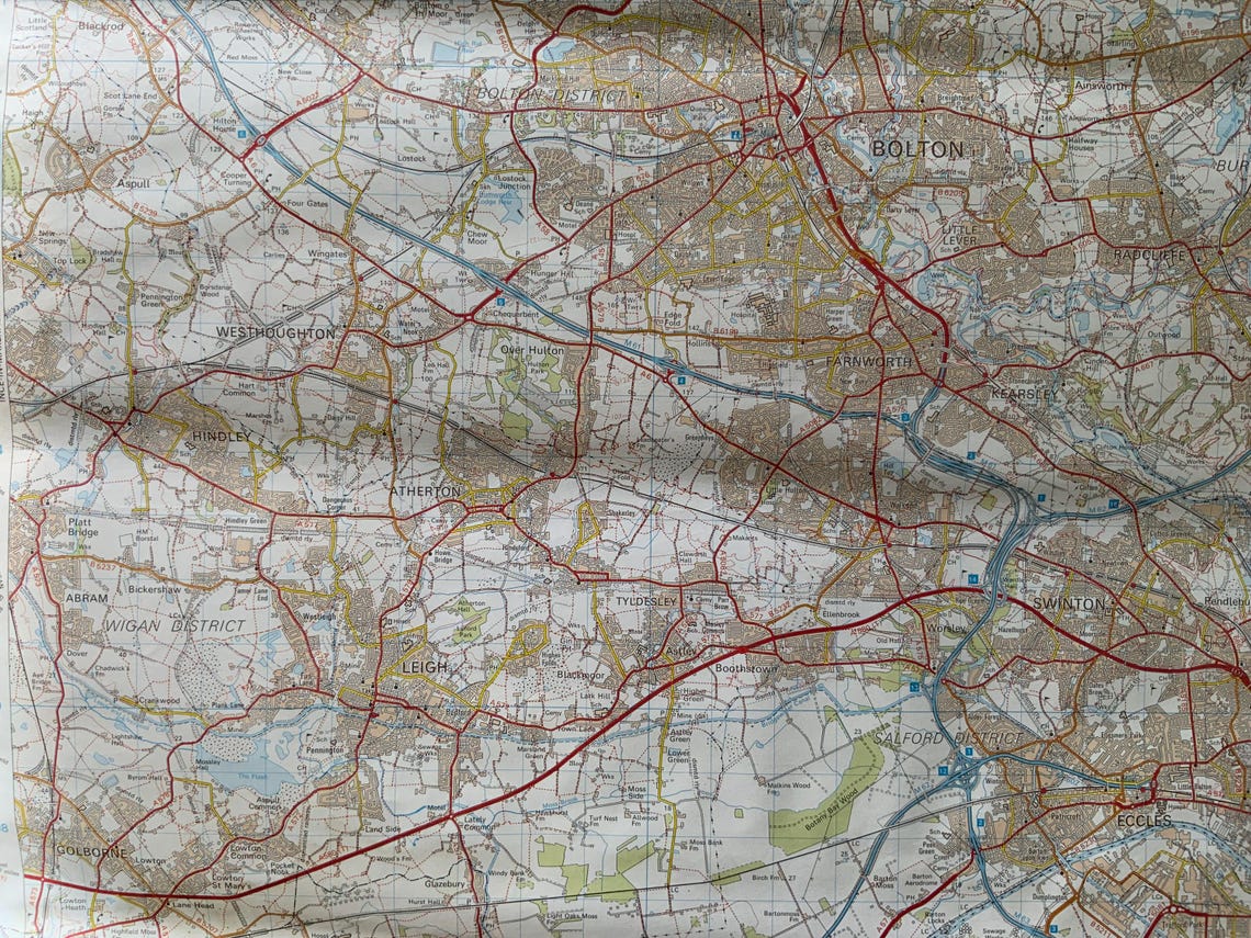Manchester UK Wall Map, Ordnance Survey Teaching Map, Vintage ...