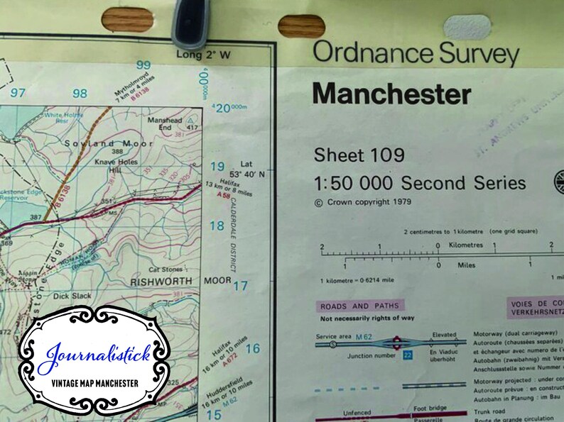 Manchester UK Wall Map, Ordnance Survey Teaching Map, Vintage ...