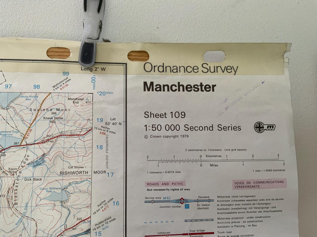Manchester UK Wall Map, Ordnance Survey Teaching Map, Vintage ...