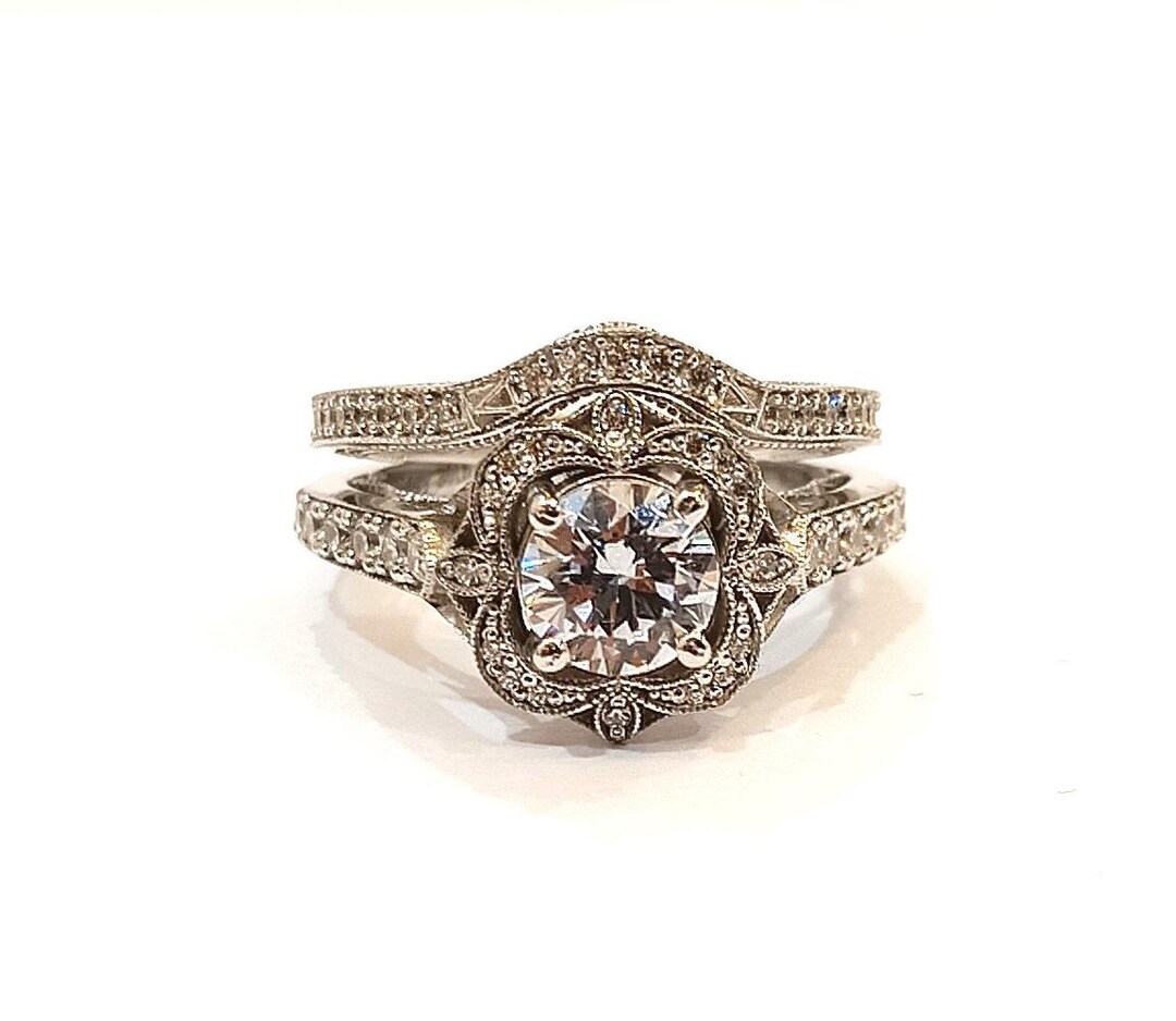 Antique Art Deco 2.0ct White Round Wedding Engagement Bridal Ring Set ...