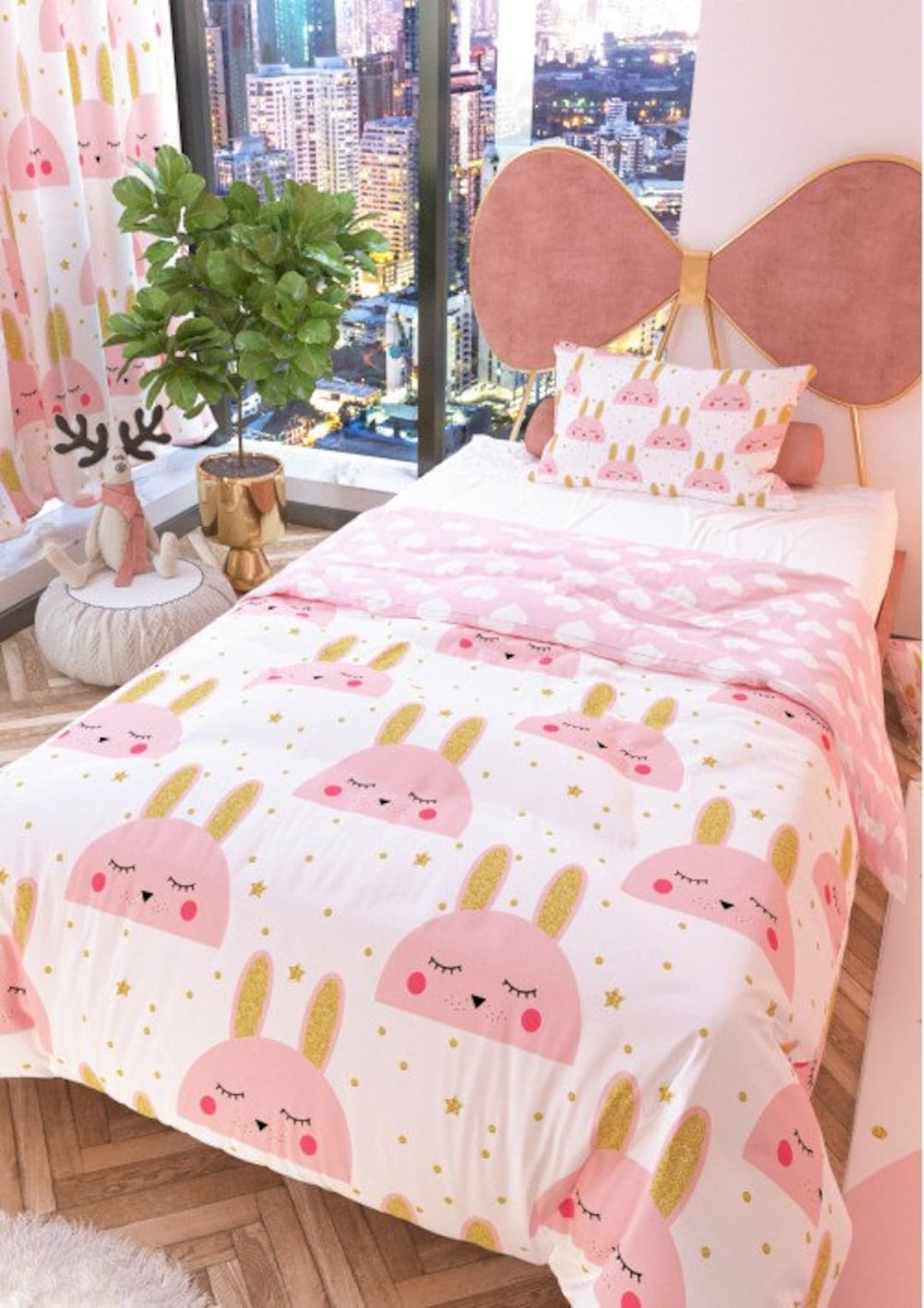 Golden Rabbit Girl Duvet Cover Set / Pink Girl Room Bedding - Etsy