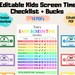 Editable Screen Time Checklist Screen Bucks for Kids & Teens, Daily ...