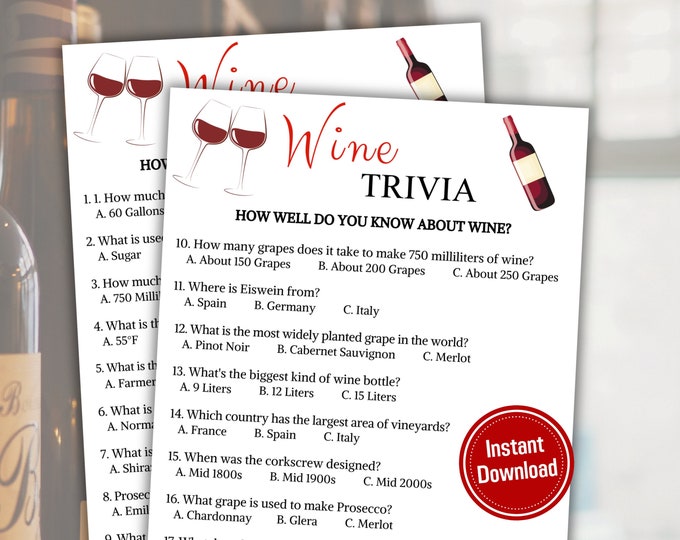 Wine Trivia Game | Wine Knowledge Quiz Game | Printable Wine Party ...