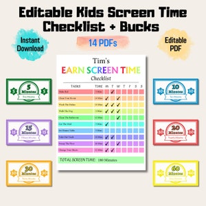Editable Screen Time Checklist Screen Bucks for Kids & Teens, Daily ...