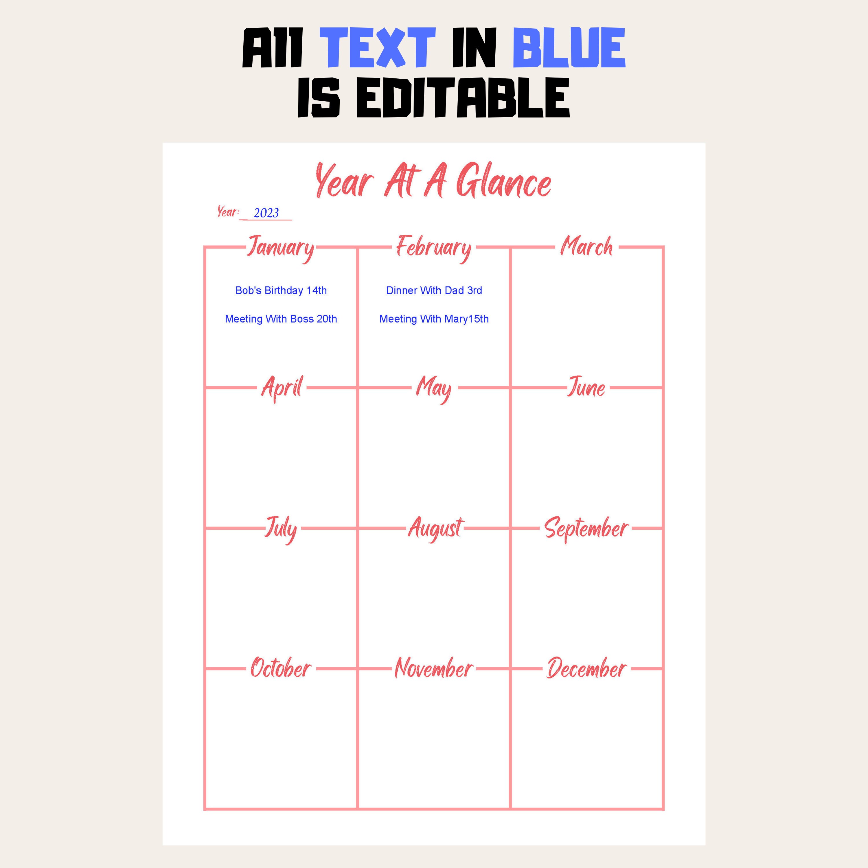 Editable Year at a Glance Planner Warm Color Tone, Yearly Overview ...