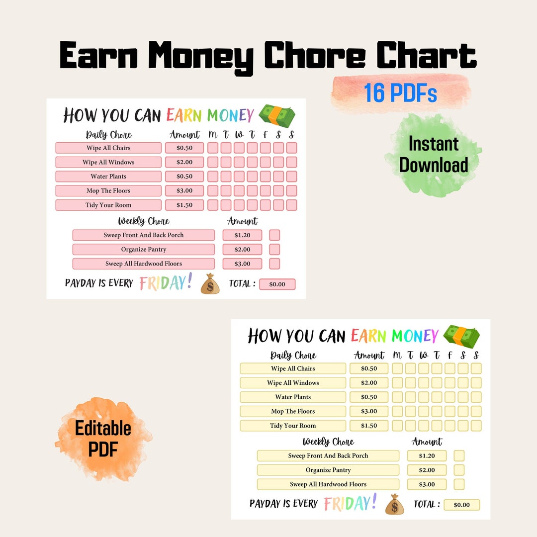 Personalized Kids Chore Chart for Earning Money Warm Color Tone ...