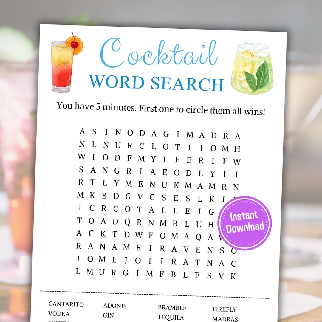 Cocktail Word Search Game | Printable Cocktail Word Finder Puzzle ...
