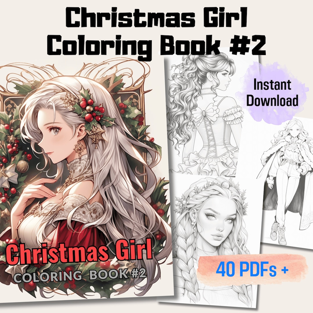 20 Pages Christmas Girl Coloring Book, Delightful Christmas Girl ...