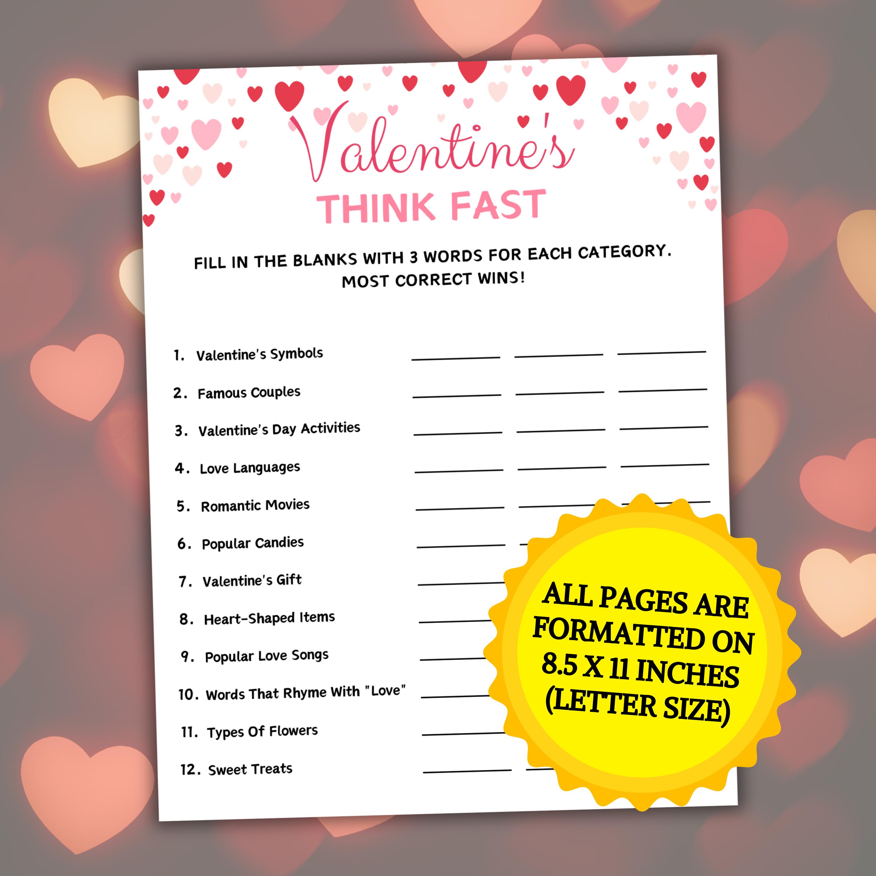 Valentine's Day Think Fast Game | Valentines Day Trivia Game ...
