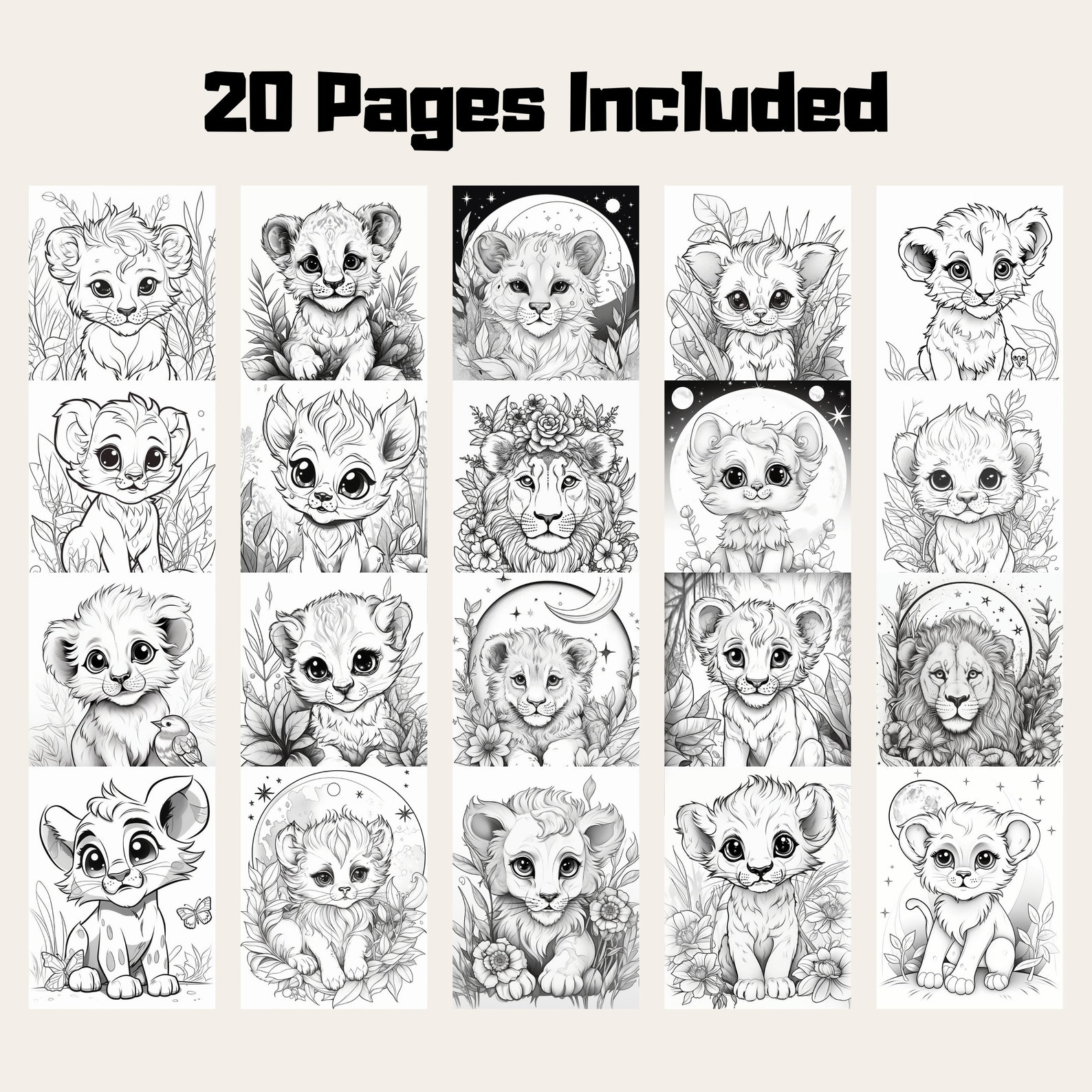 20 Cute Baby Lion Grayscale Coloring Book, Adorable Lion Coloring Pages ...