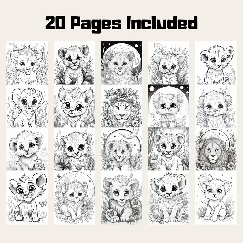 20 Cute Baby Lion Grayscale Coloring Book, Adorable Lion Coloring Pages ...