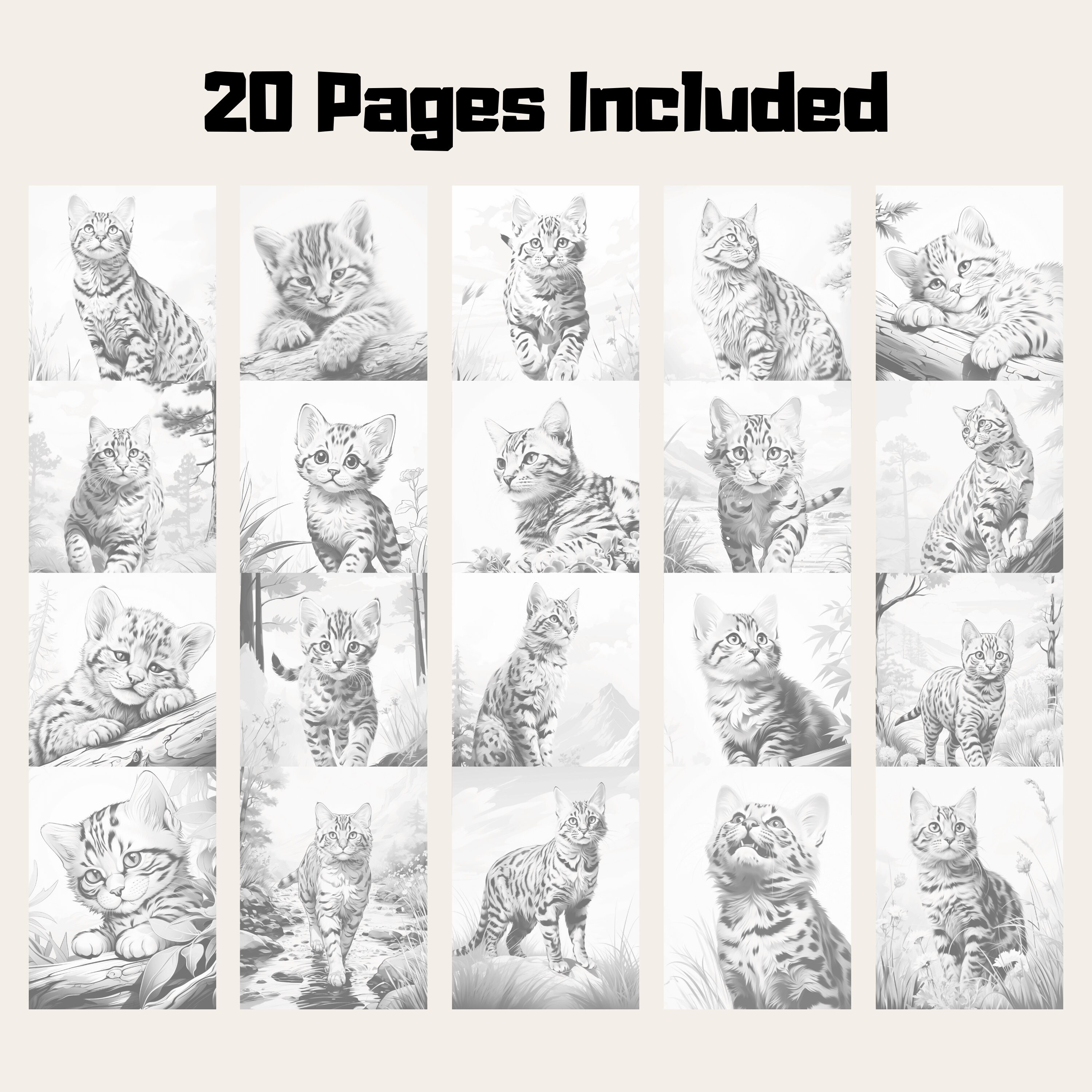 Realistic Bengal Cat Coloring Book, 20 Bengal Cat Grayscale Coloring ...