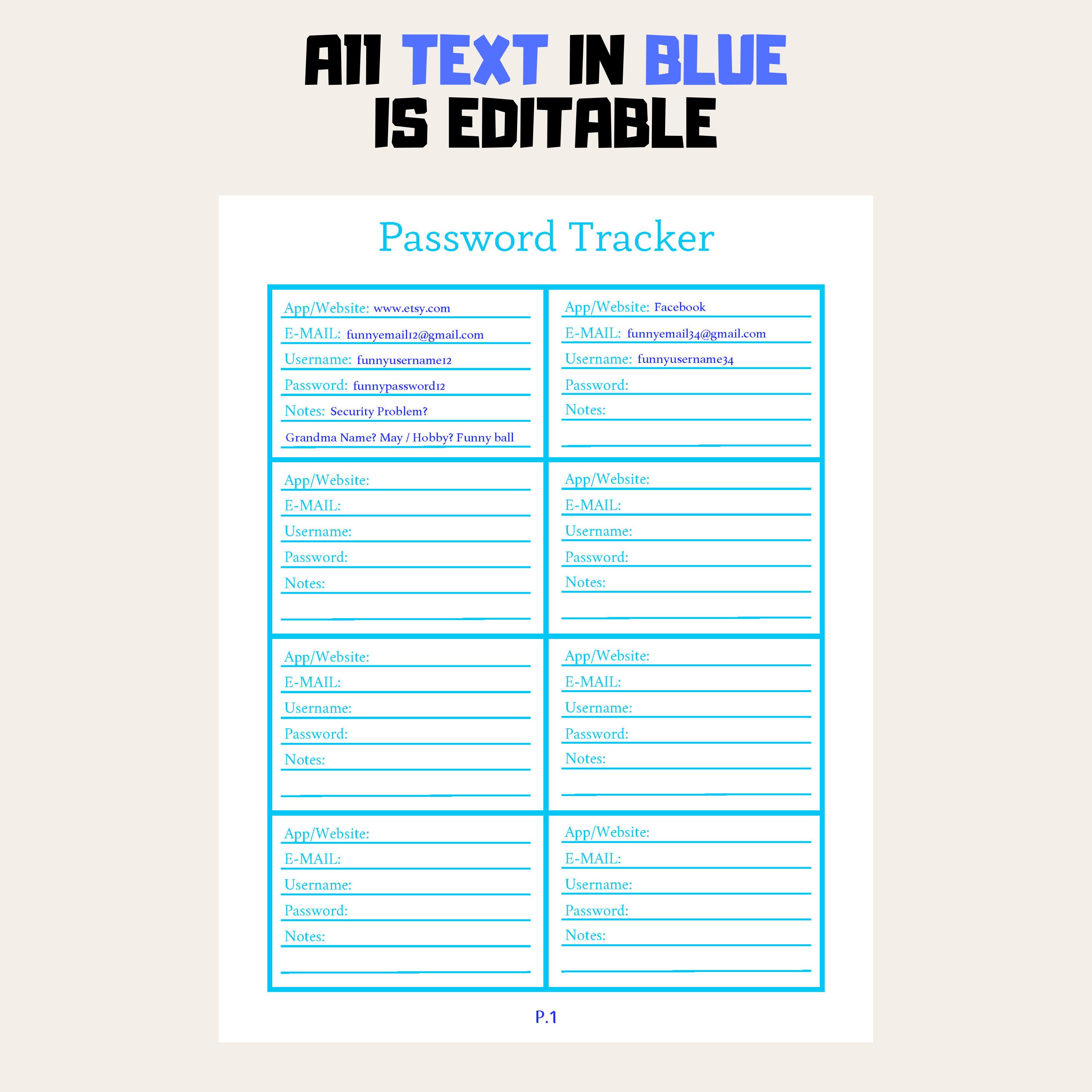 Editable Password Tracker Printable Cool Color Tone, Password Organizer ...