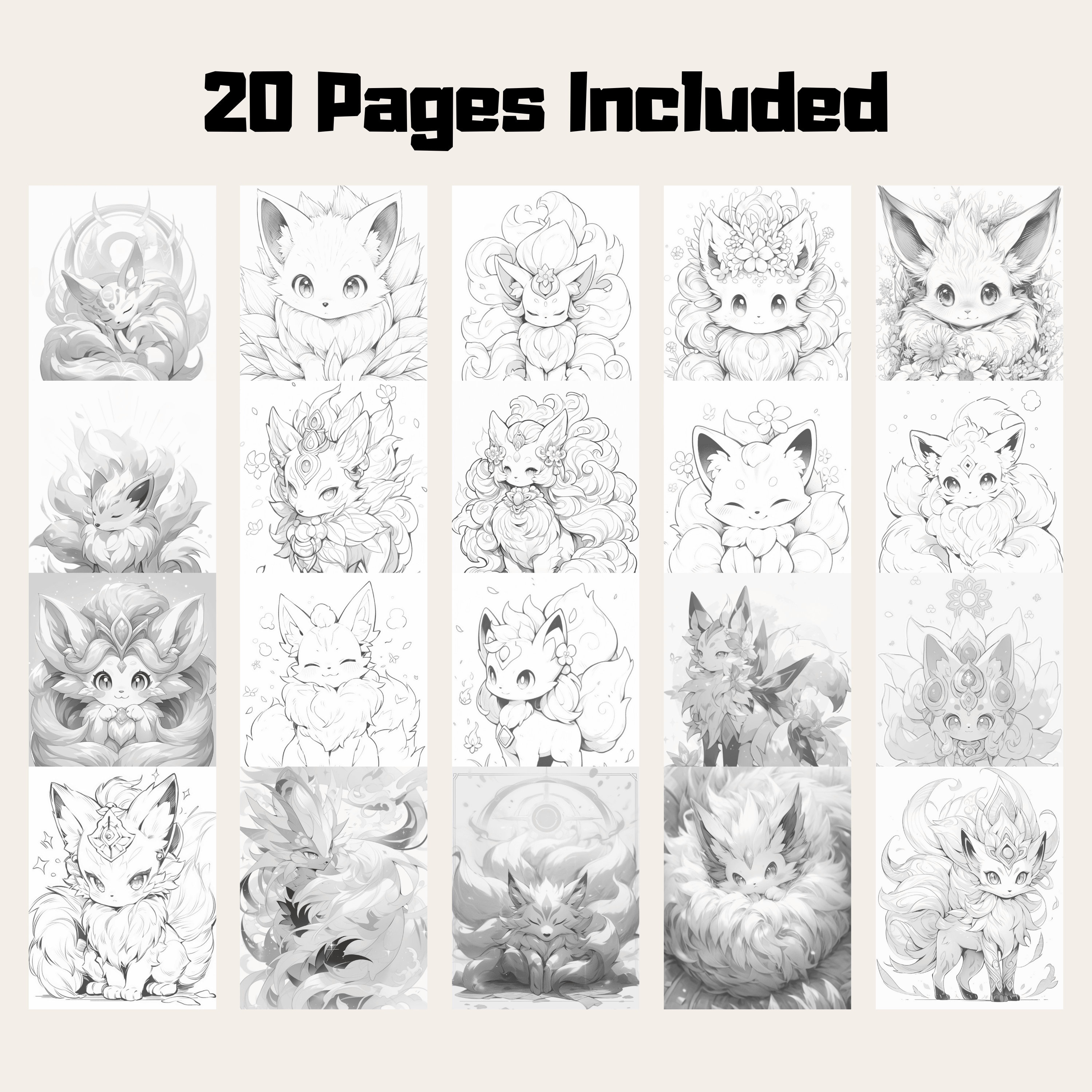 20 Cute Baby Nine-tailed Fox Grayscale Coloring Book, Adorable Fox ...