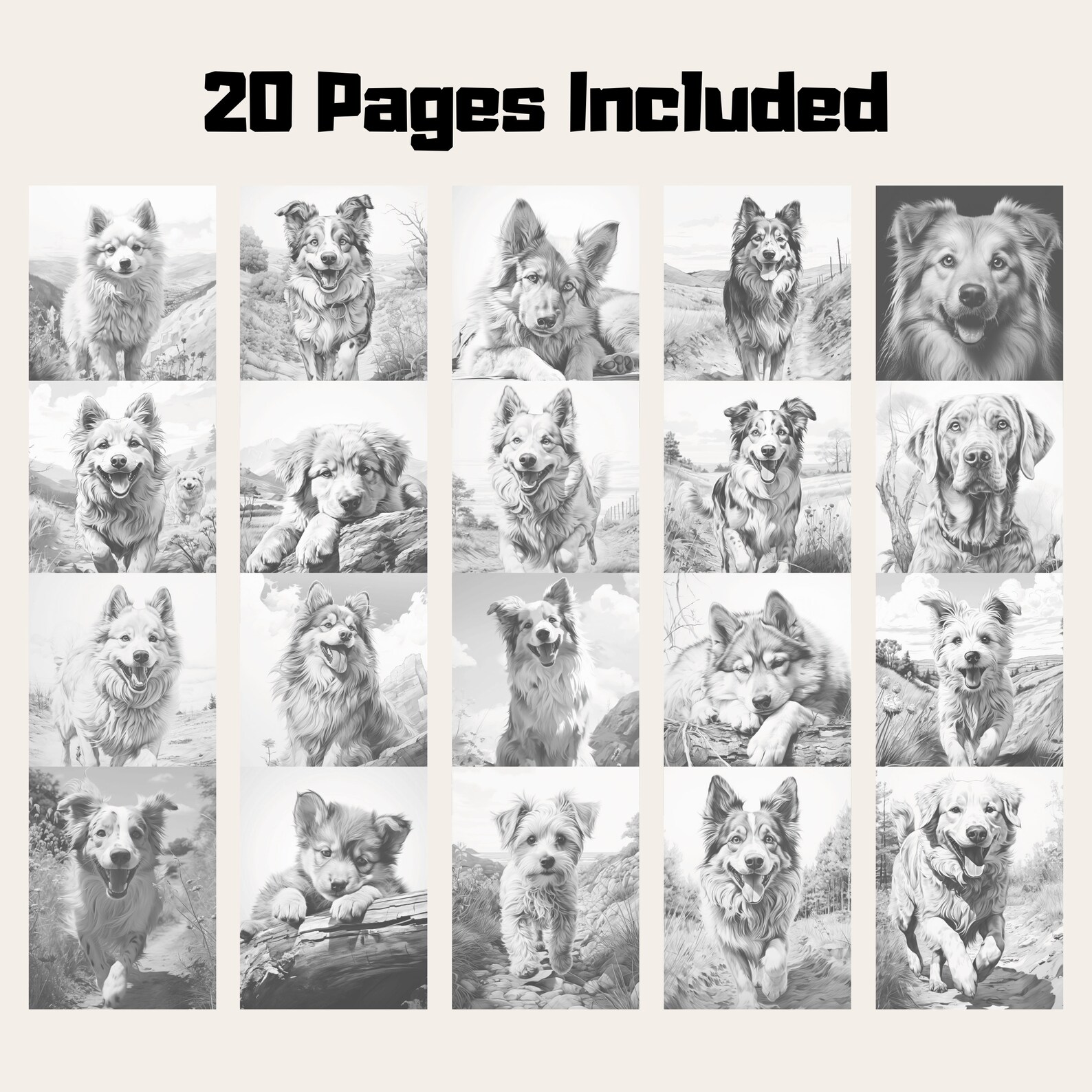 20 Realistic Dog Grayscale Coloring Book, Kids and Adults Coloring ...