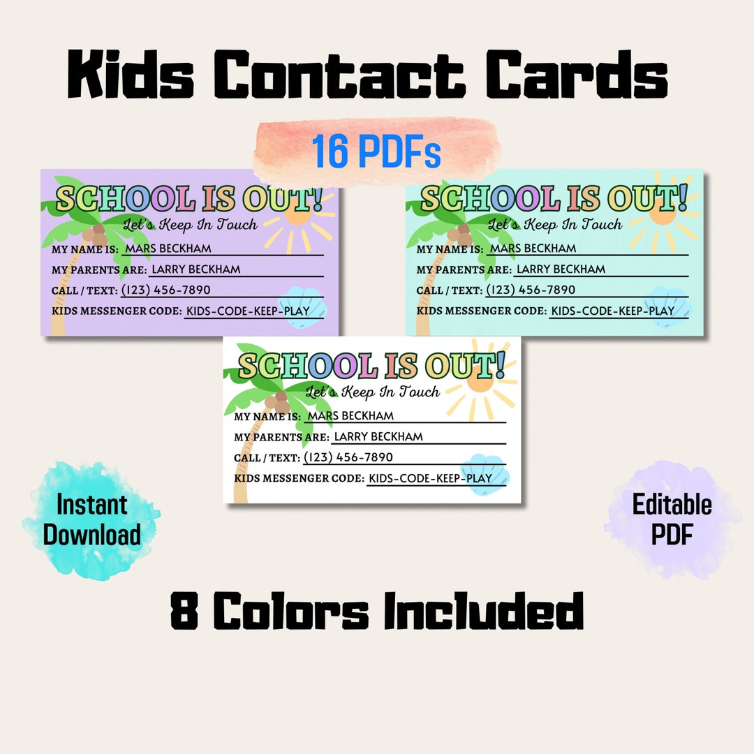 Editable Kids Contact Card, End of School Cards for Kids, Keep in Touch ...