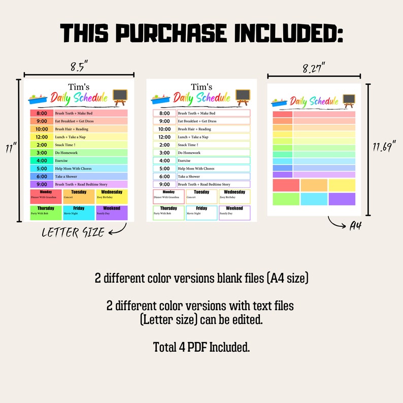 Kids Fillable Daily Schedule Rainbow Color, Daily Routine ...