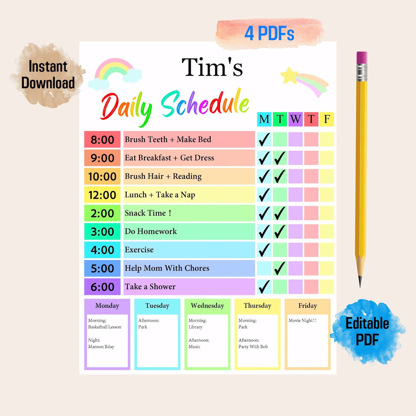 Kids Daily Schedule Rainbow Color | Organize Child's Daily Routine ...