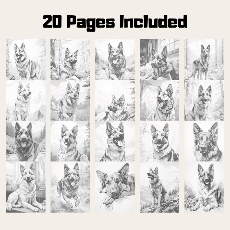 Realistic German Shepherd Coloring Book, 20 Dogs Grayscale Coloring ...