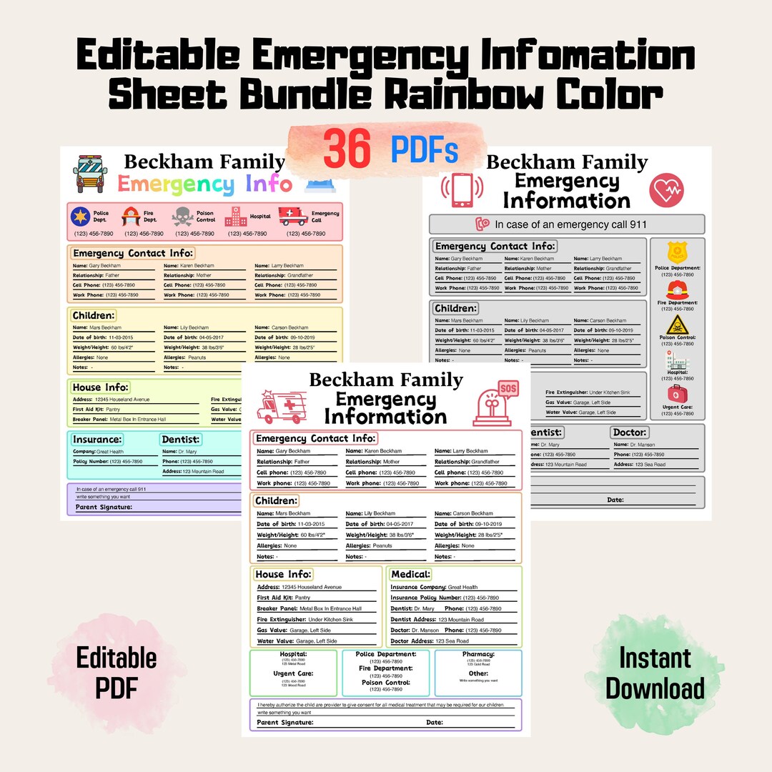 Editable Emergency Information Sheet Bundle Rainbow Color in Case of ...