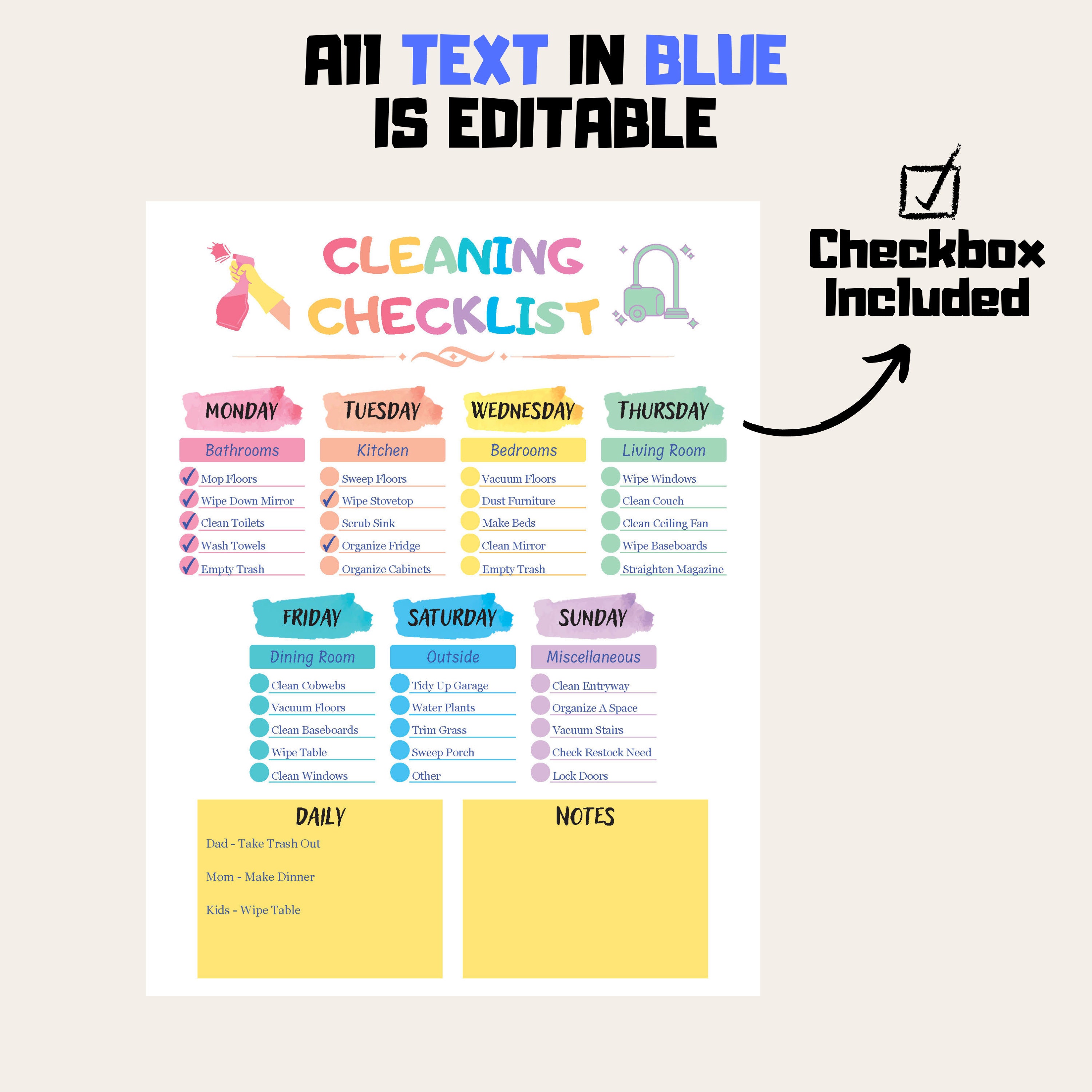 Editable Cleaning Checklist All Color Bundle, Cleaning Schedule, Weekly ...