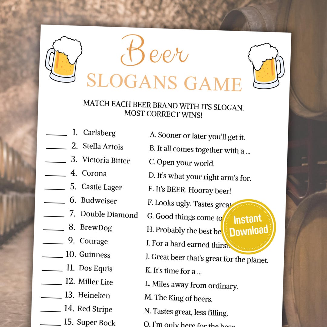 Beer Slogans Game | Printable Beer Tagline Games | Beer Party Trivia ...