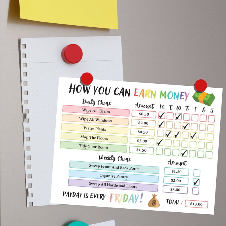 Editable Kids Chore Chart for Earning Money Rainbow Color, Editable ...