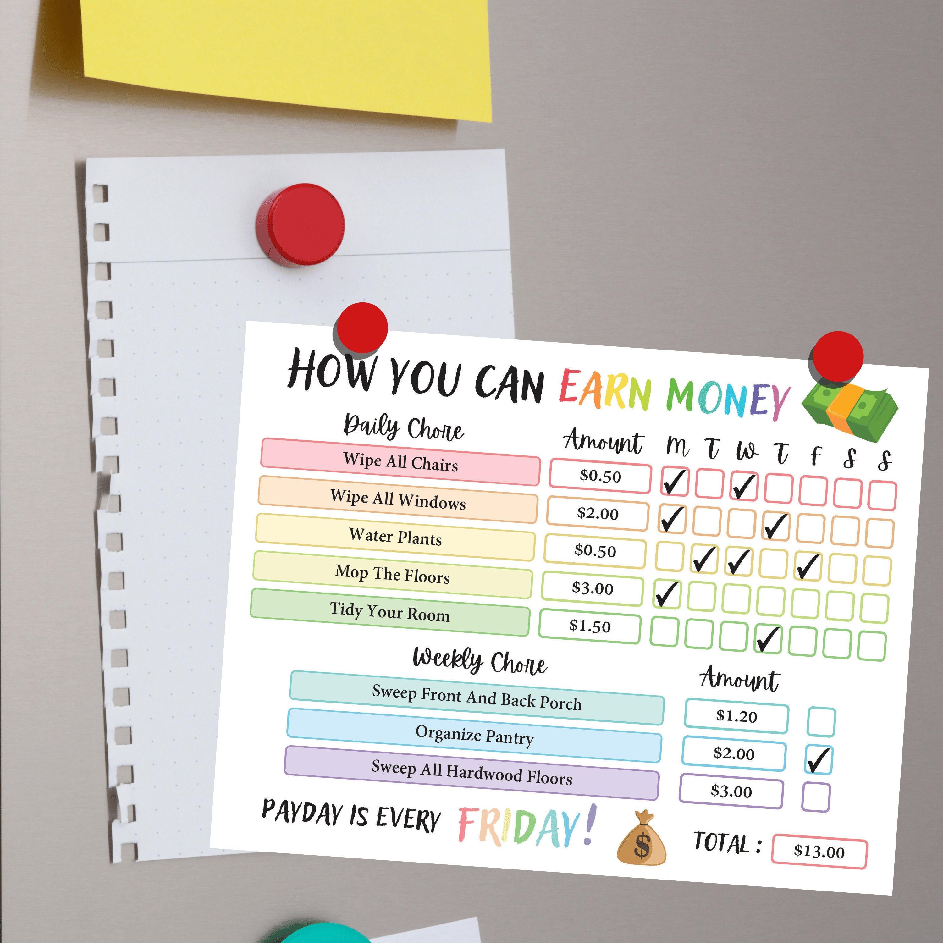 Editable Kids Chore Chart for Earning Money Rainbow Color, Editable ...